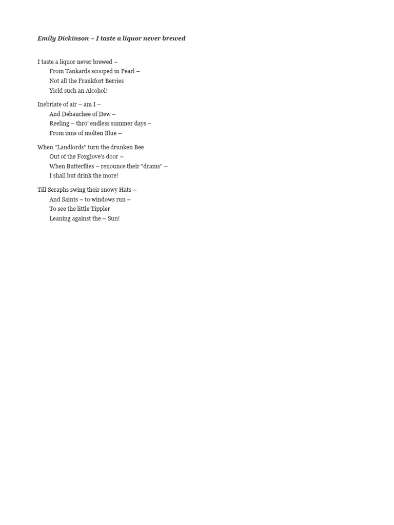 Emily Dickinson - I Taste A Liquor Never Brewed | PDF