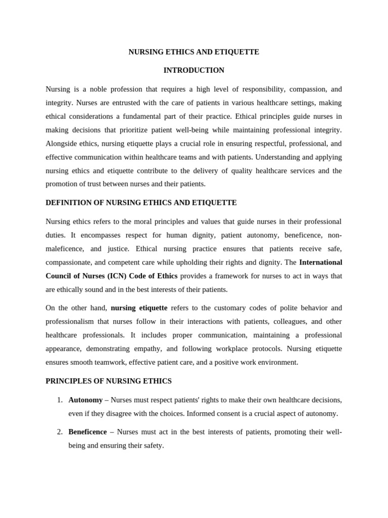 Nursing Ethics and Etiquette | PDF | Nursing | Health Care