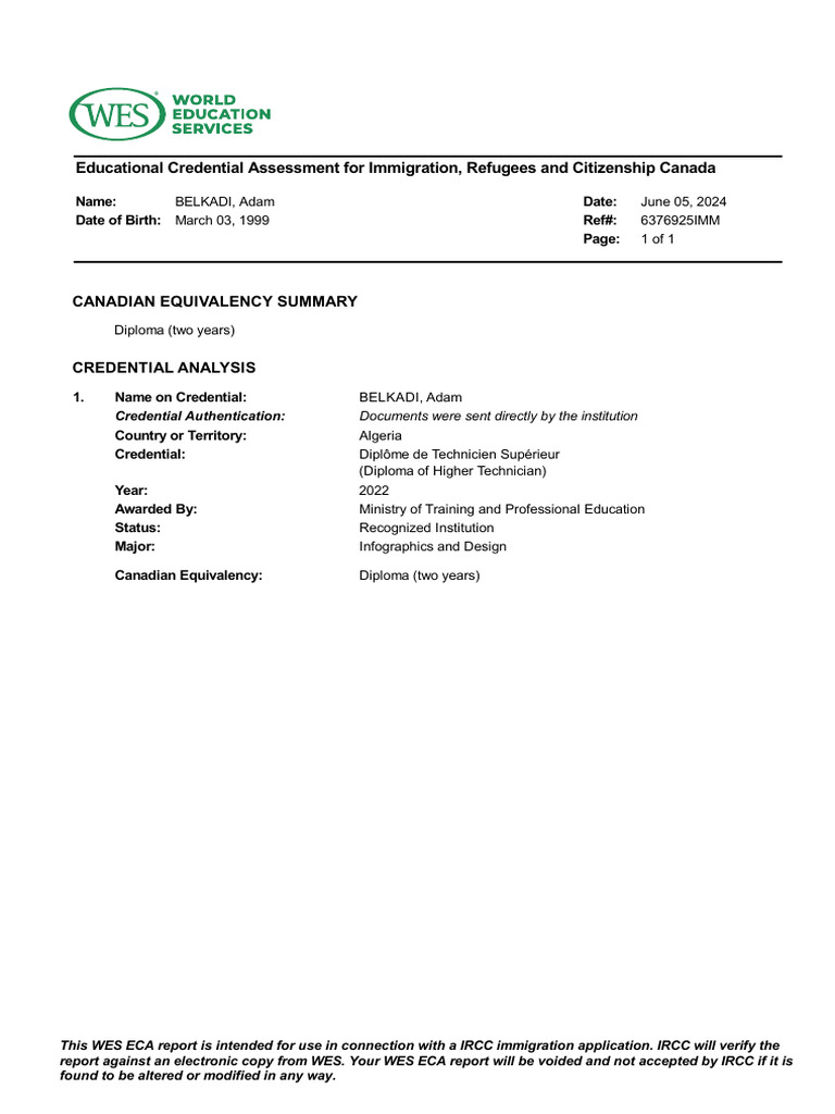 Educational Credential Assessment For Immigration, Refugees and Citizenship Canada | PDF