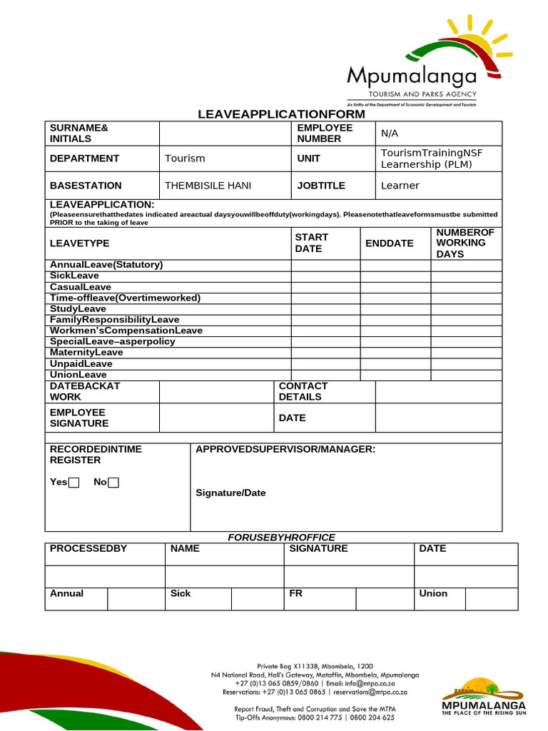 LEAVE FORM Tourism Learnership DR | PDF