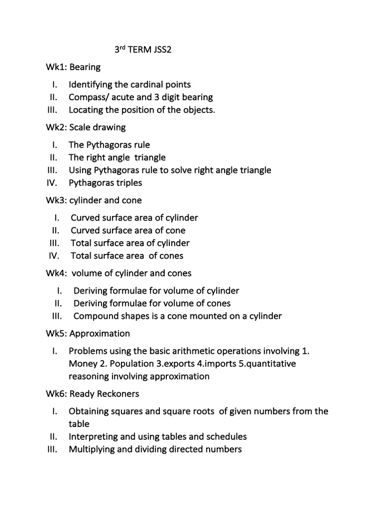 JSS2 3rd Term Mathematics Scheme | PDF