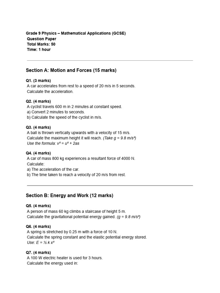 Grade 9 Physics Question Paper: Motion, Energy, Electricity | PDF