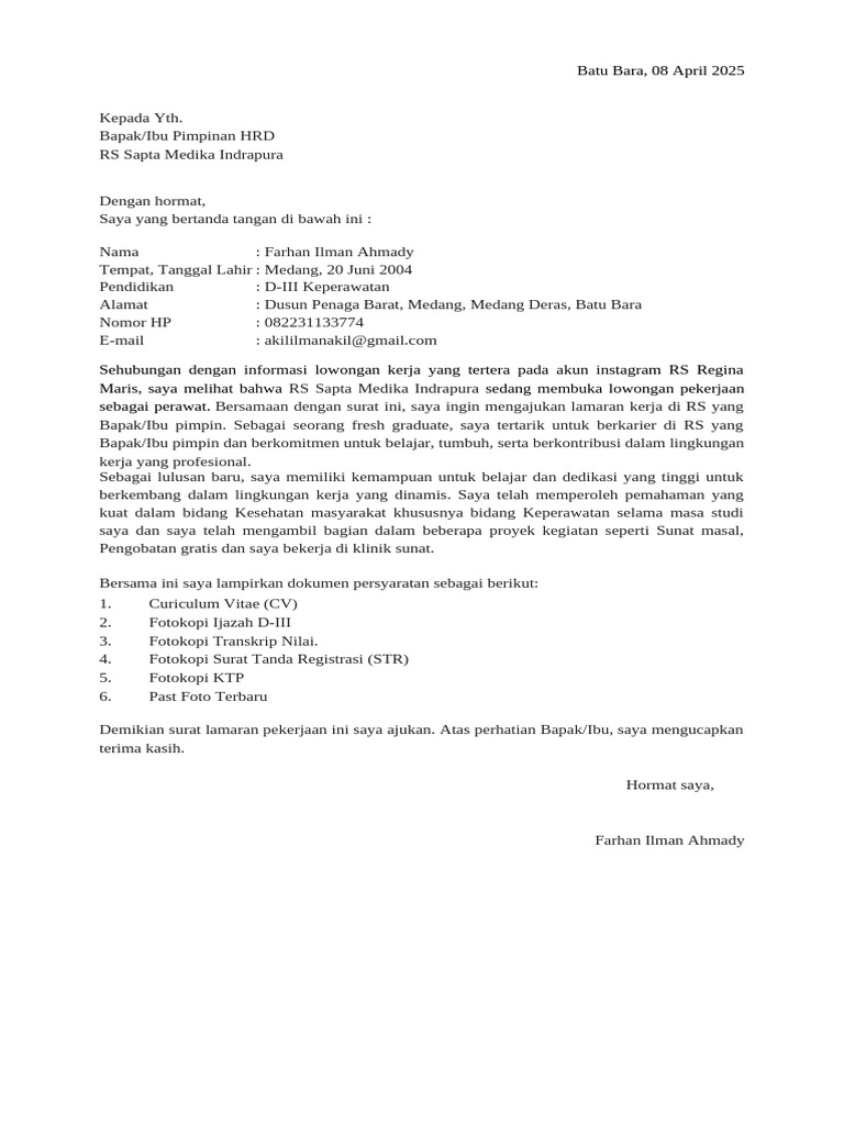 Surat Lamaran Kerja Farhan | PDF