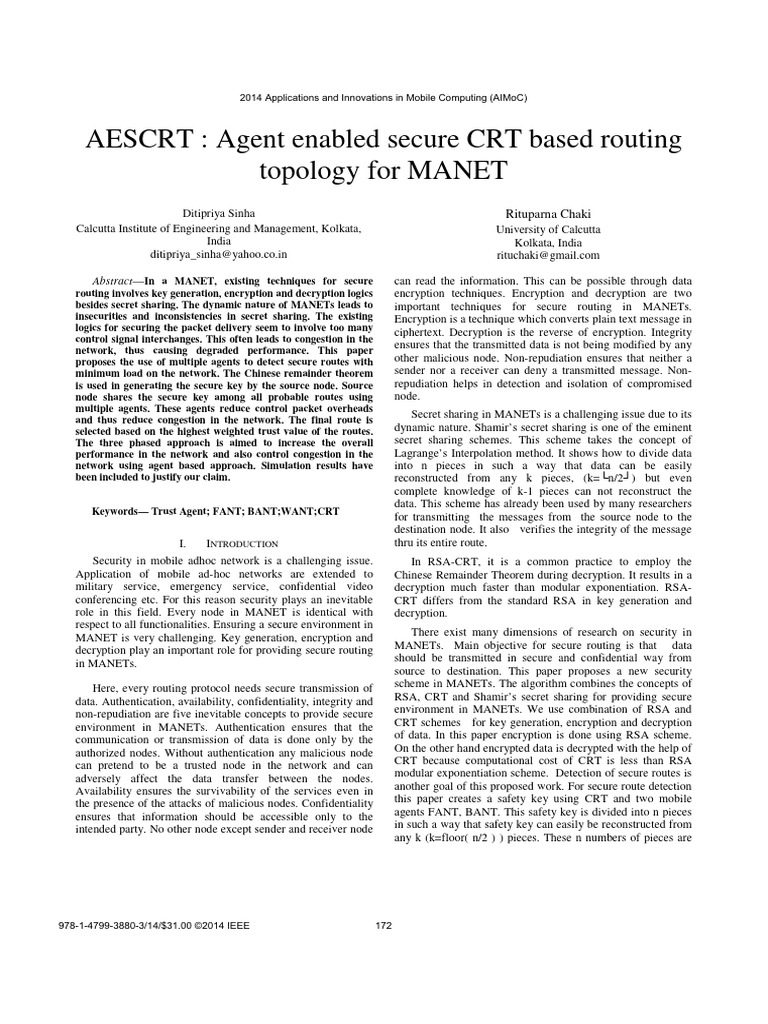 AESCRT Agent enabled secure CRT based routing topology for MANET | PDF | Wireless Ad Hoc Network ...