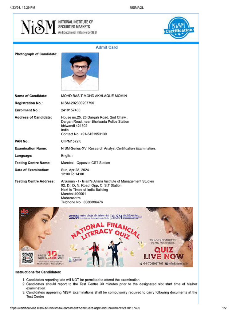 NISM-AdmitCard-28.04.24 | PDF