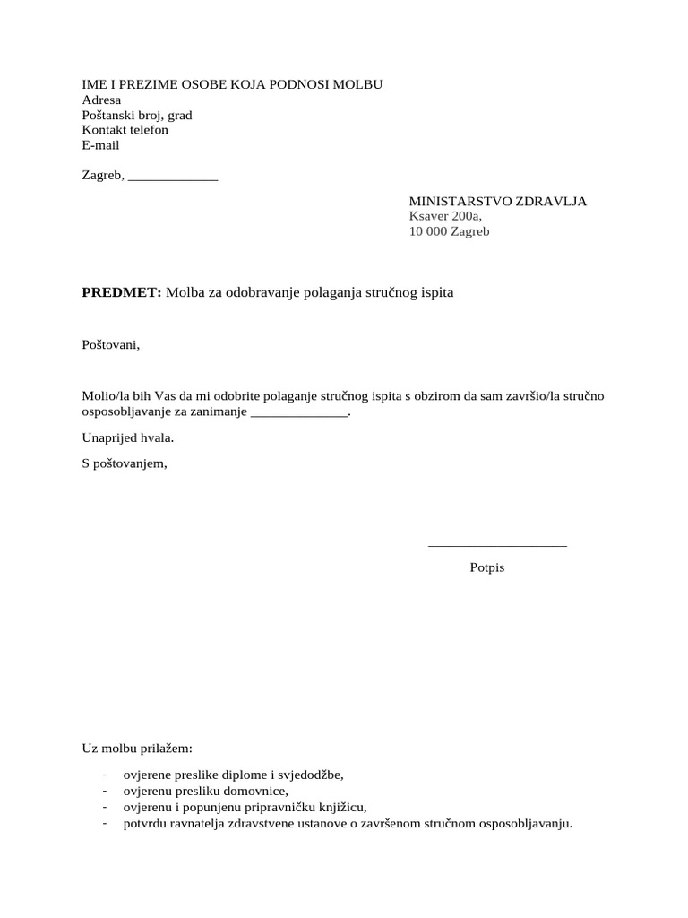 Primjer Molbe Za Polaganje Stručnog Ispita | PDF