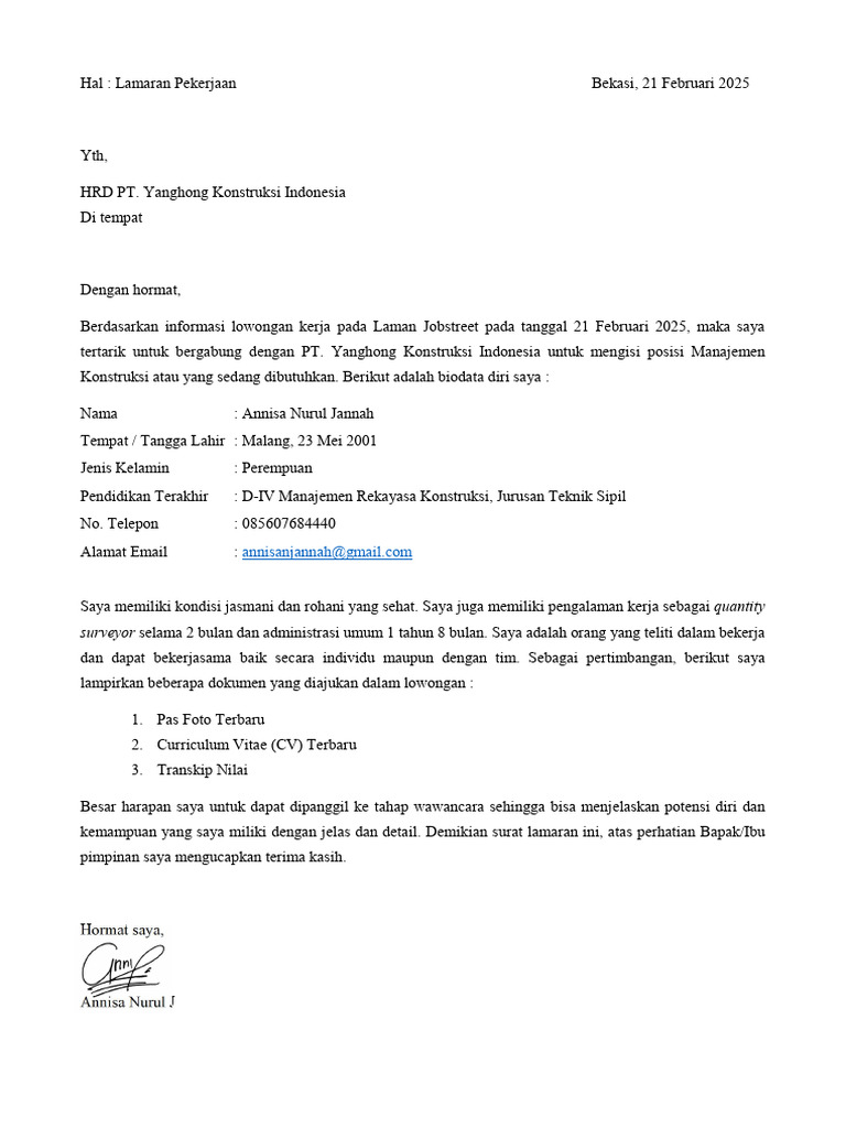 Surat Lamaran - Annisa Nurul Jannah | PDF