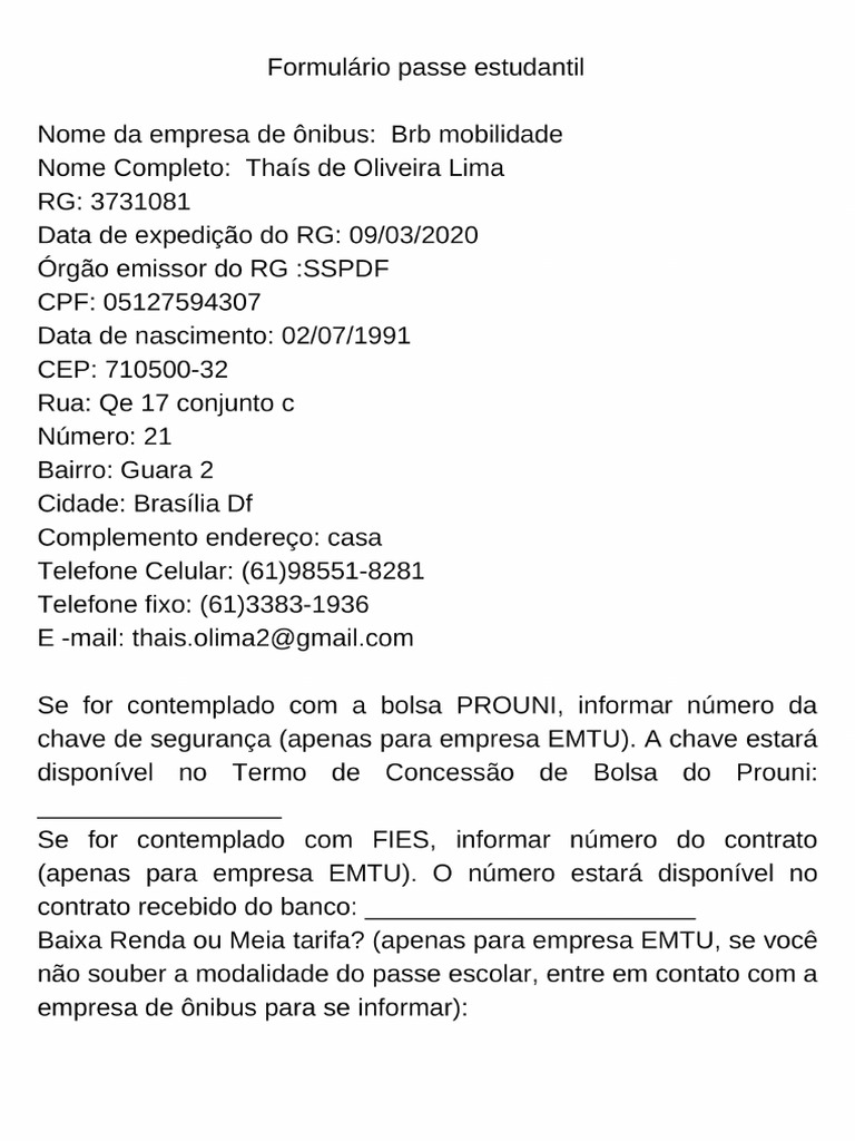 Formulário Passe Estudantil | PDF