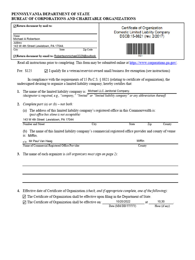 15-8821 Cert of Org-Dom LLC | PDF | Limited Liability Company | Corporations