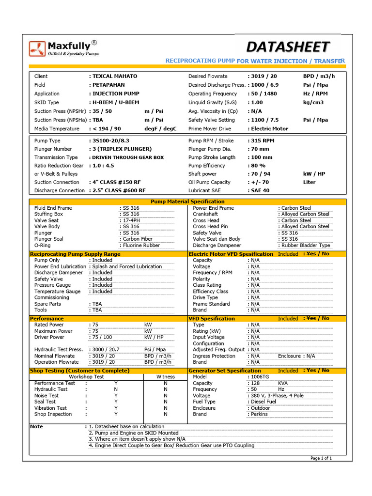 Datasheet Pompa Reciprocating Maxfully 3S100 - Texcal Mahato | PDF ...