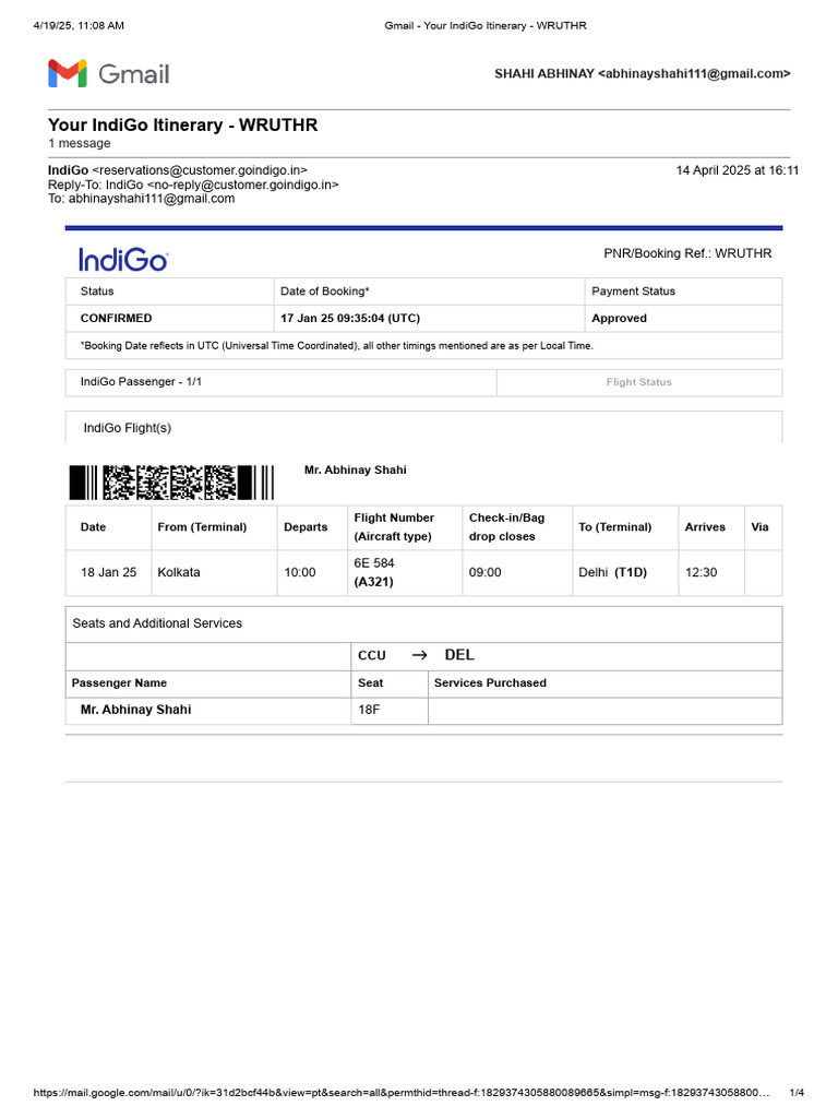 Gmail - Your IndiGo Itinerary - WRUTHR | PDF | Aviation