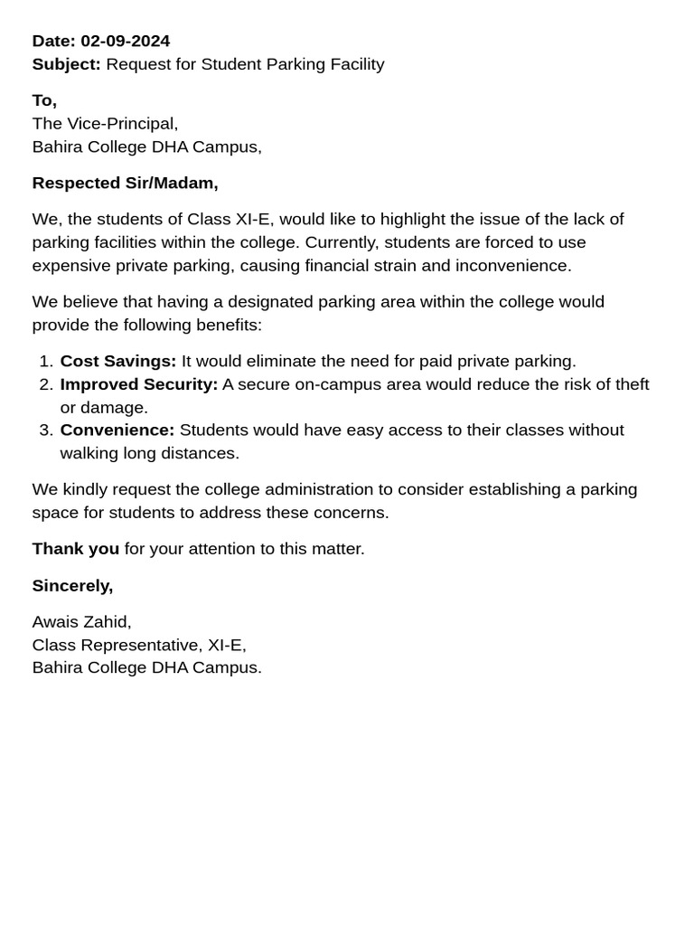 Date (Insert Date) Subject Request For Student Parking Facility | PDF