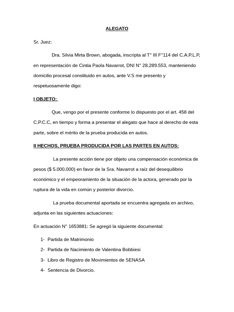 ALEGATO Compensacion Economica | PDF | Divorcio | Justicia