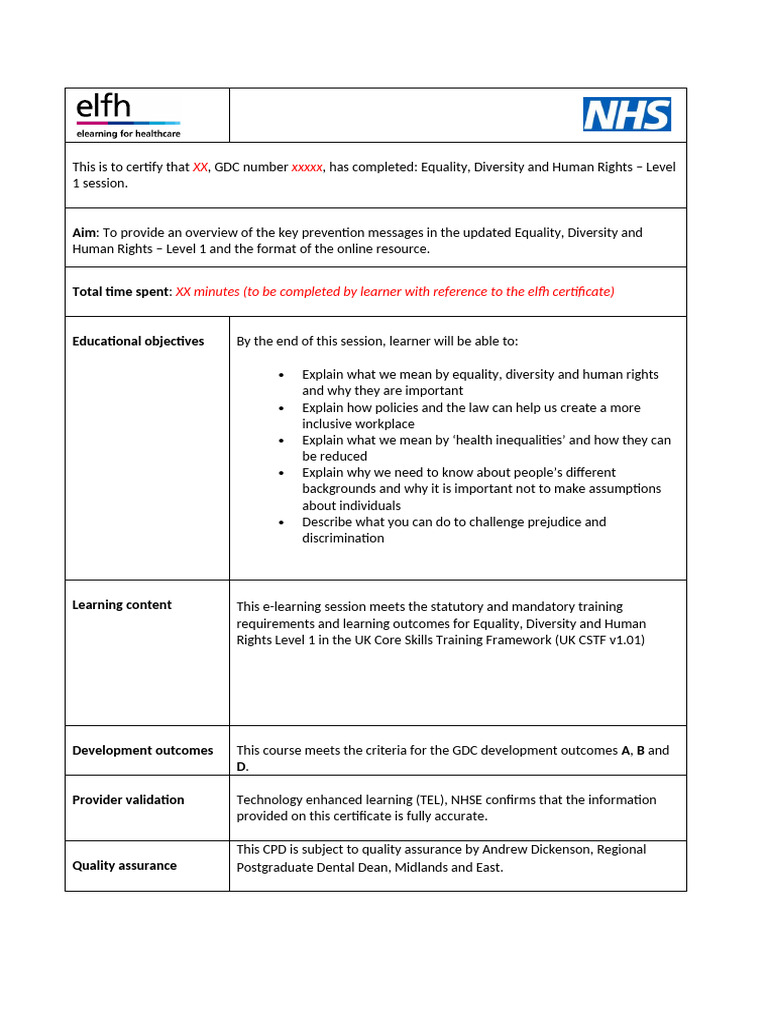 Equality and Diversity Level 1 CPD Form | PDF