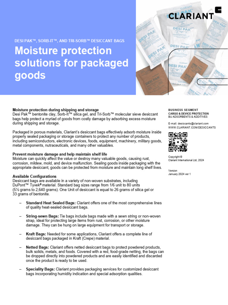 CLARIANT PRODUCT SHEET Desiccant Bags | PDF | Materials
