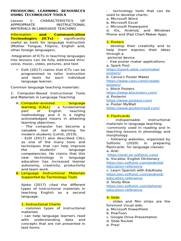 Producing Learning Resources Using Technology Tools | PDF | Language Education | Learning
