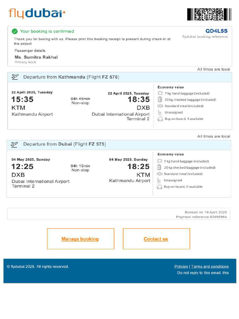 Sumitra KTM To DXB To KTM 1pax | PDF