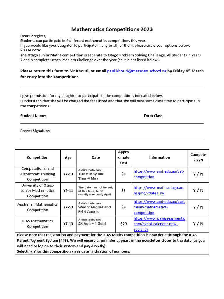 #Mathematics Competitions Entry Form 2023 | PDF | Mathematics | Applied ...