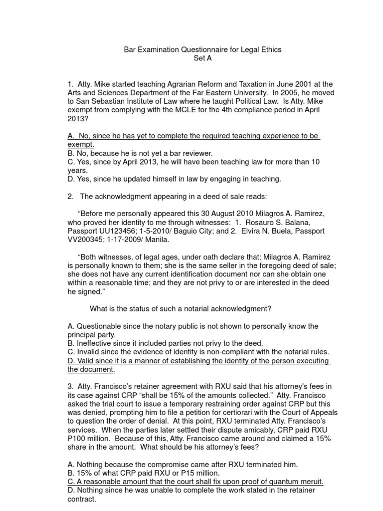 Legal Ethics Bar Exam Questionnaire | PDF | Lawyer | Complaint