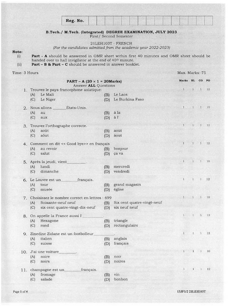 21LEH103T - French 2023 Paper | PDF
