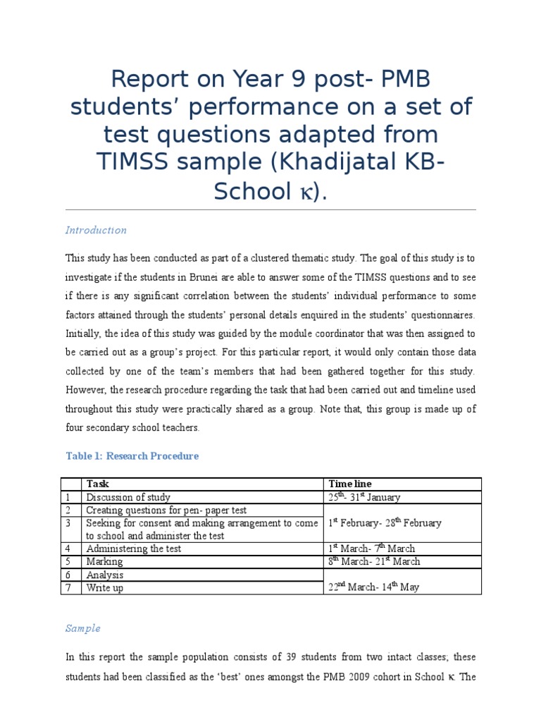 Report On Year 9 post-PMB Students' Performance On A Set of Test ...