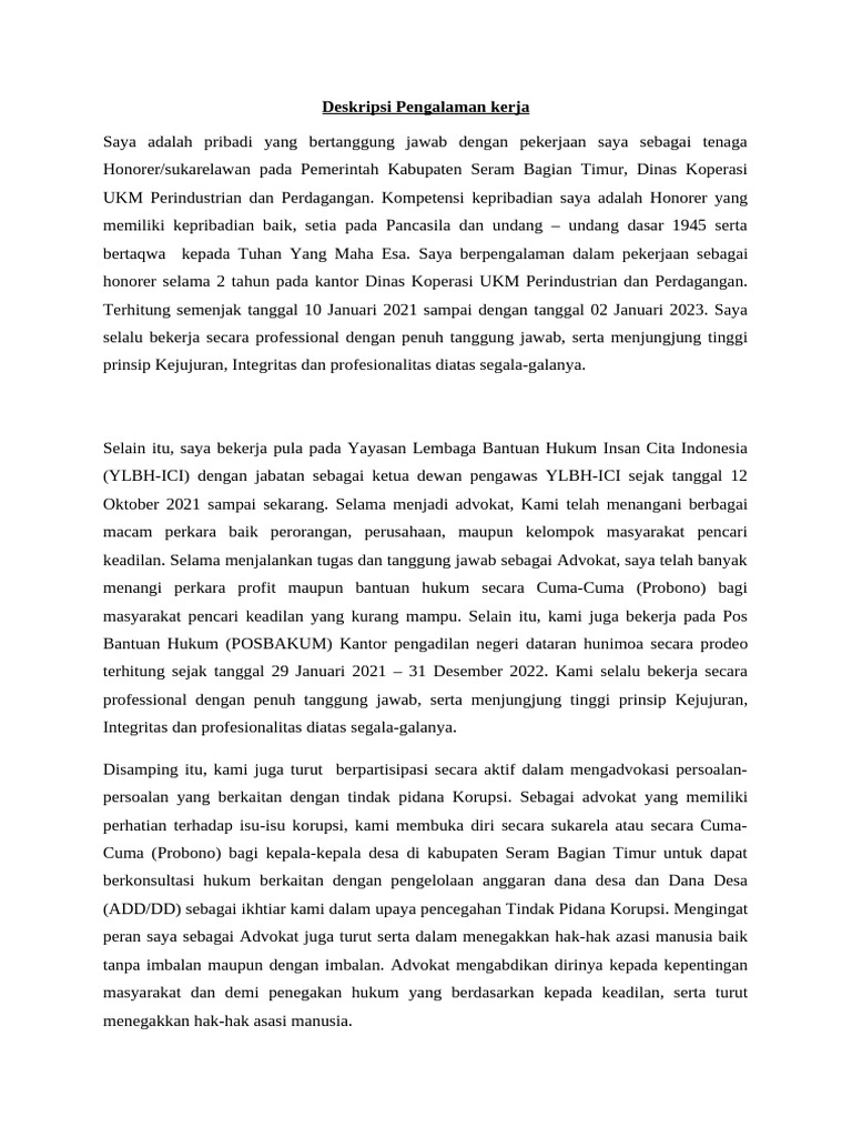 Pengalaman Kerja Advokat dan Honorer | PDF