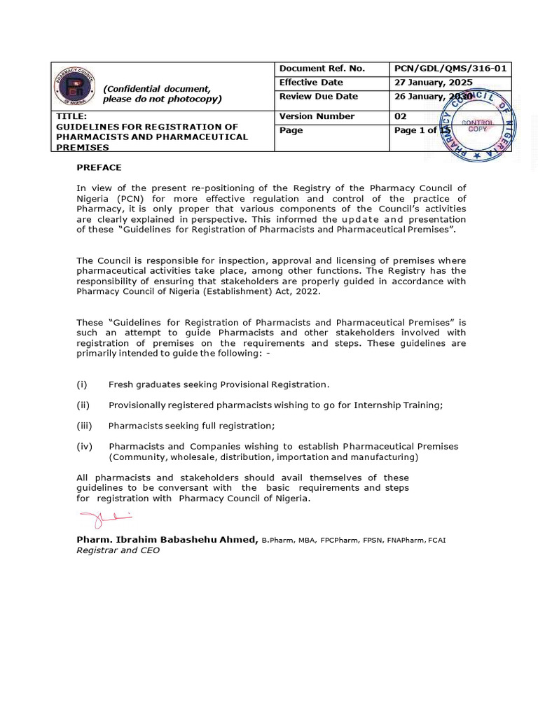 Guidelines For Registration of Pharmacists and Pharmaceutical Premises | PDF | Pharmacist | Pharmacy