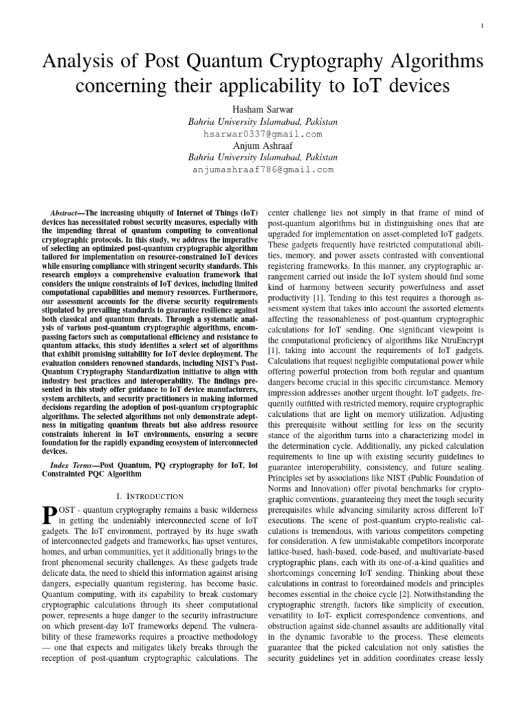 Analysis of Post Quantum Cryptography Algorithms concerning their applicability to IoT devices ...