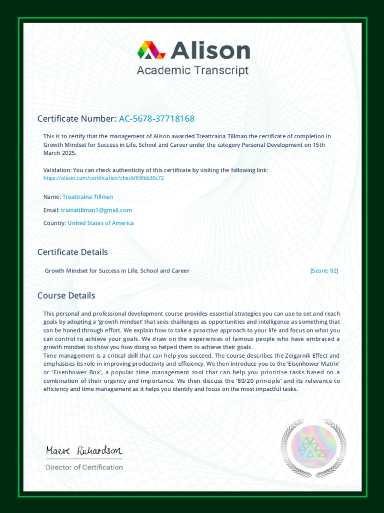 Growth Mindset Certificate of Completion | PDF
