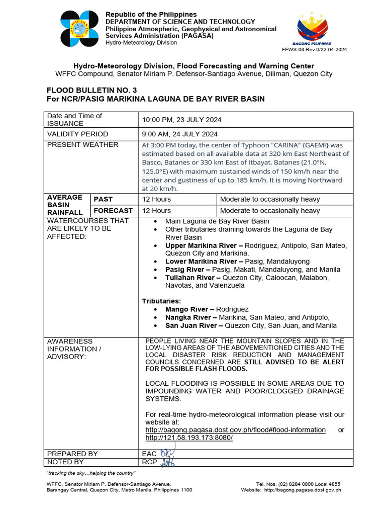 Flood Bulletin No. 3: Typhoon Carina Update | PDF | Metro Manila | Vortices