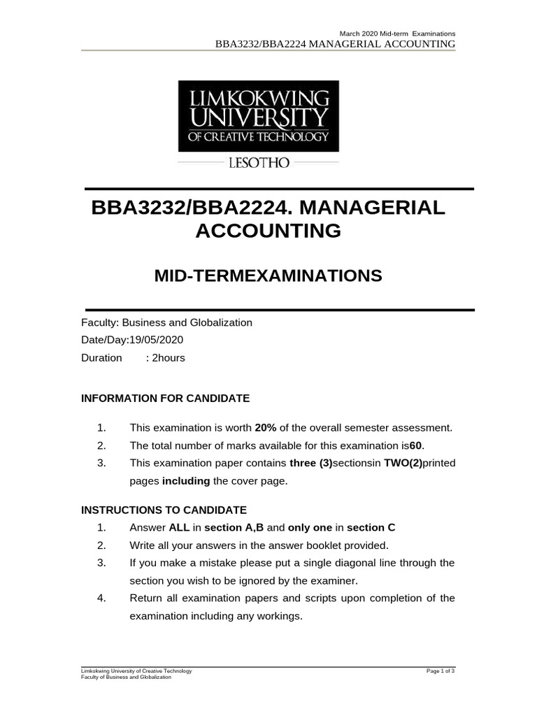 Managerial Accounting Midterm 2020.1 | PDF | Income Statement | Business