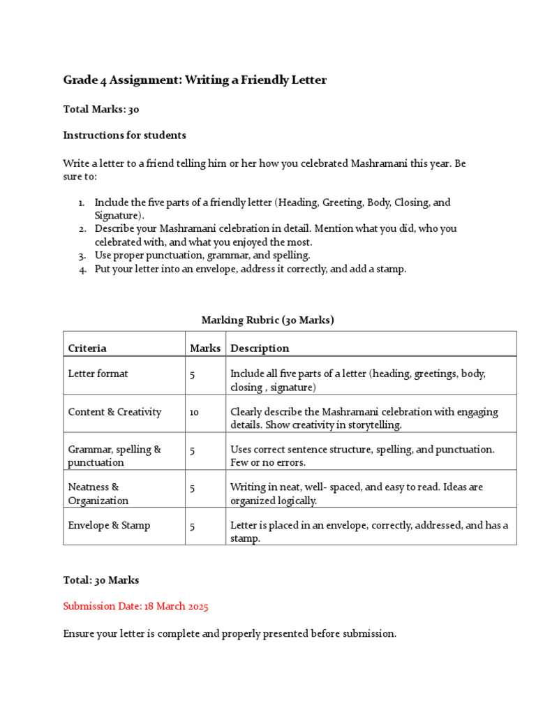 Grade 4 Friendly Letter Assignment | PDF