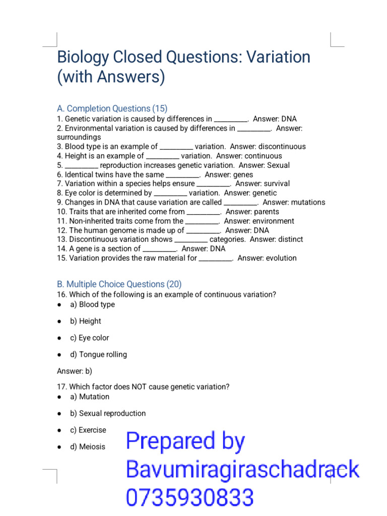 Variation Closed Questions With Answers | PDF | Genetics | Genetic ...