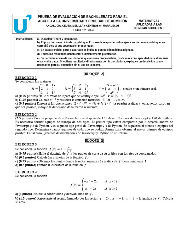 Examen - Suplente-B - MATEM TICAS APLICADAS A LAS CC - SS. II | PDF | Matriz (Matemáticas ...