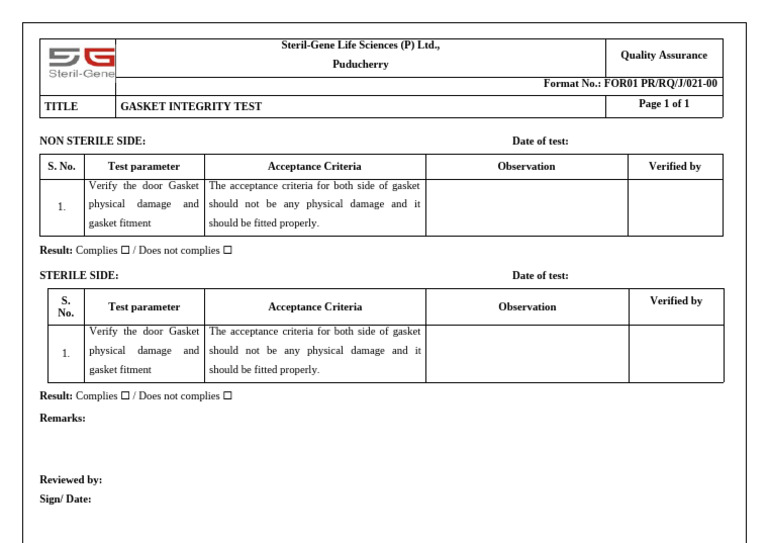 Gasket Integrity Test Procedure | PDF