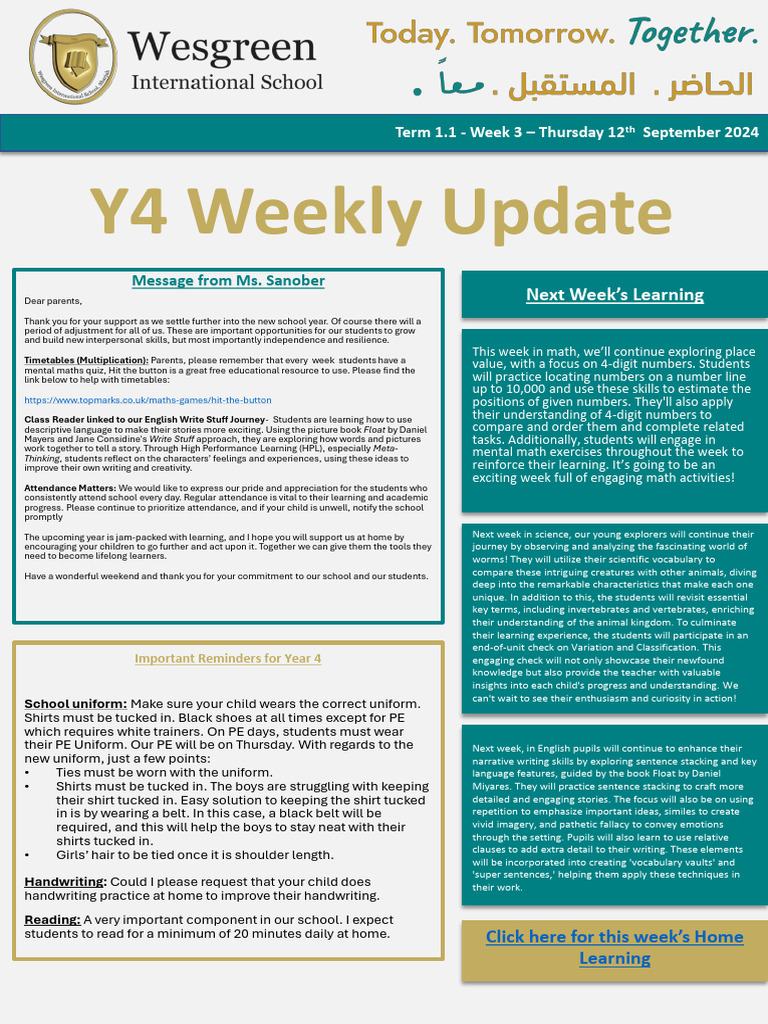 Term 1 Week 3 Newsletter - Y4 | PDF | Learning | Cognition
