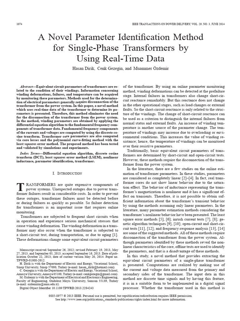 A Novel Parameter Identification Method For Single-Phase Transformers by Using Real-Time Data ...