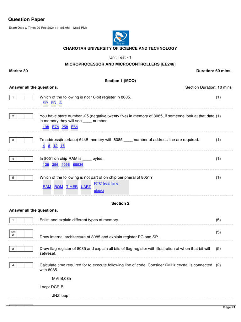Question Paper Unit Test - 1 - EE246 - 20.02.2024 | PDF | Computer ...