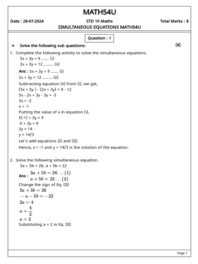 10 SIMULTANEOUS EQUATIONS - Solution | PDF | Mathematics | Equations