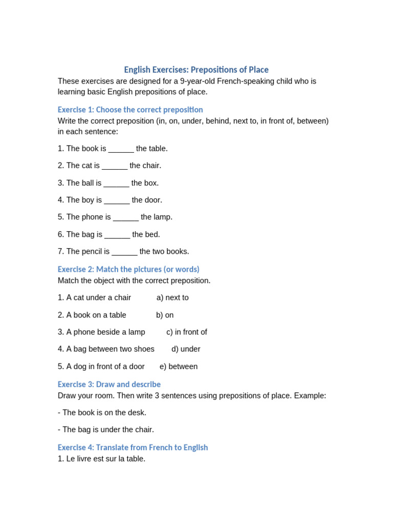 English Exercises Prepositions Beginner Age9 | PDF