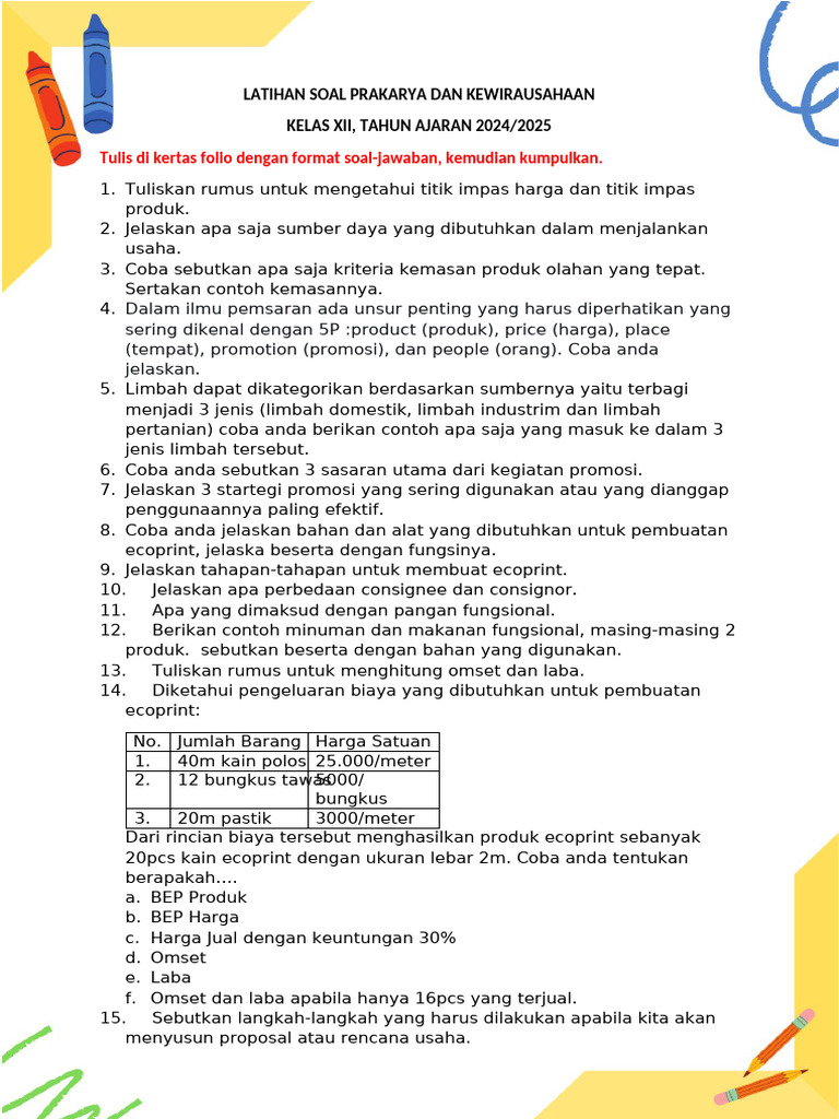 Latihan Soal Prakarya Dan Kewirausahaan | PDF