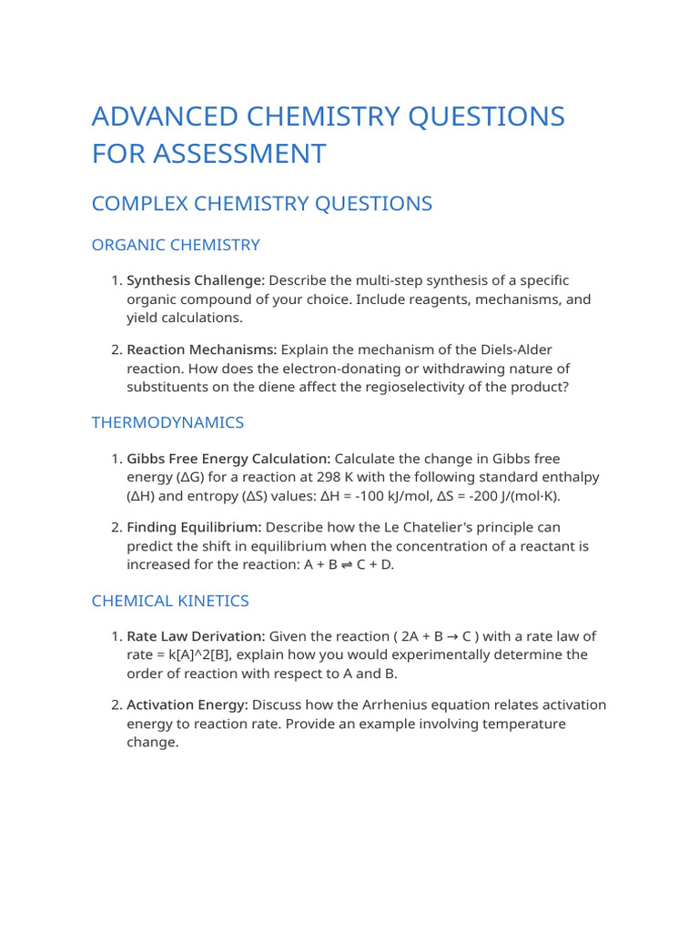 Advanced Chemistry Questions For Assessment | PDF