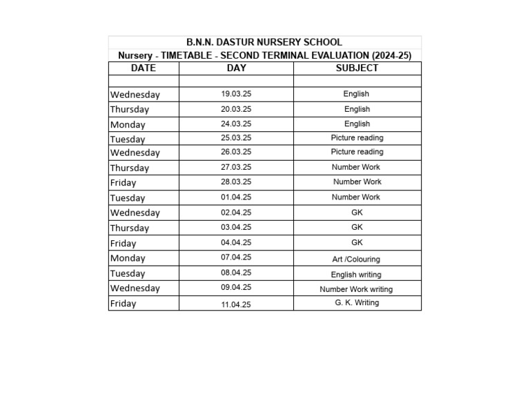 Nur - T2 TimeTable 2024-25 | PDF