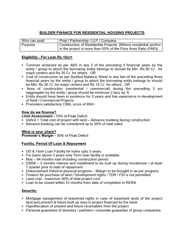 Builder Finance for Residential Projects | PDF | Banks | Credit