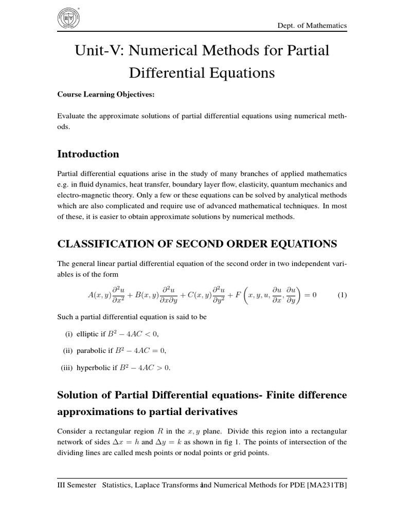 Unit-V Numerical Methods for PDE-2 | PDF | Partial Differential Equation | Mathematical Objects