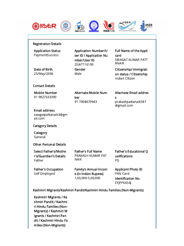 IISER 2025 Application Registration | PDF
