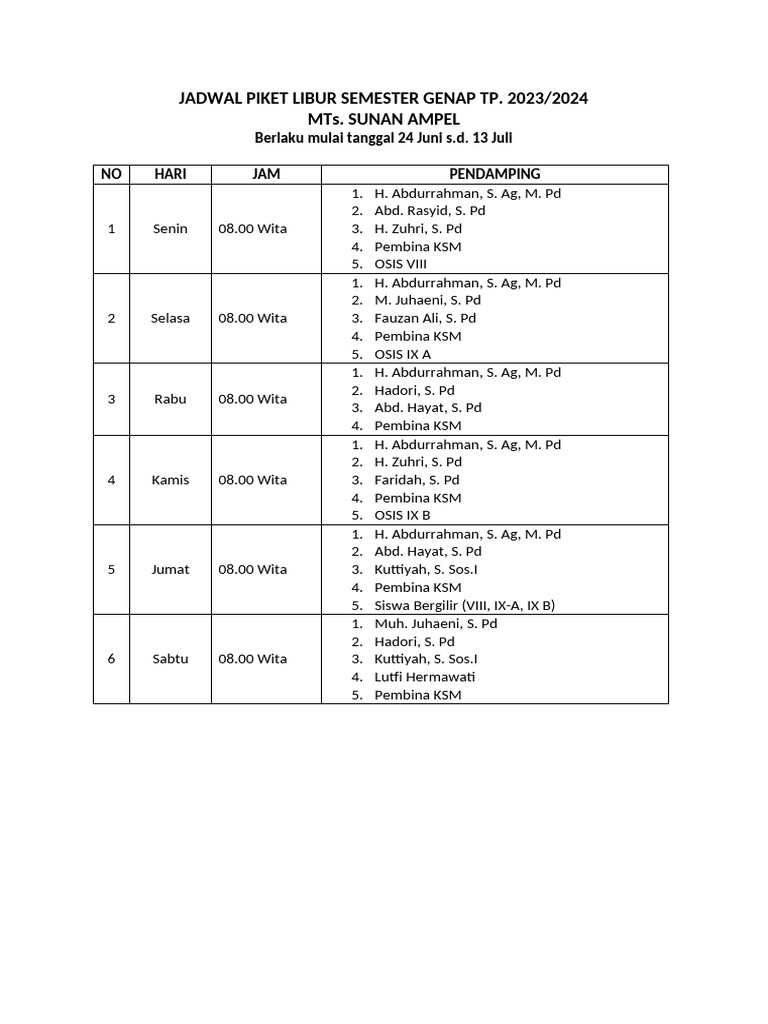 Jadwal Piket Libur Semester Genap Tp | PDF