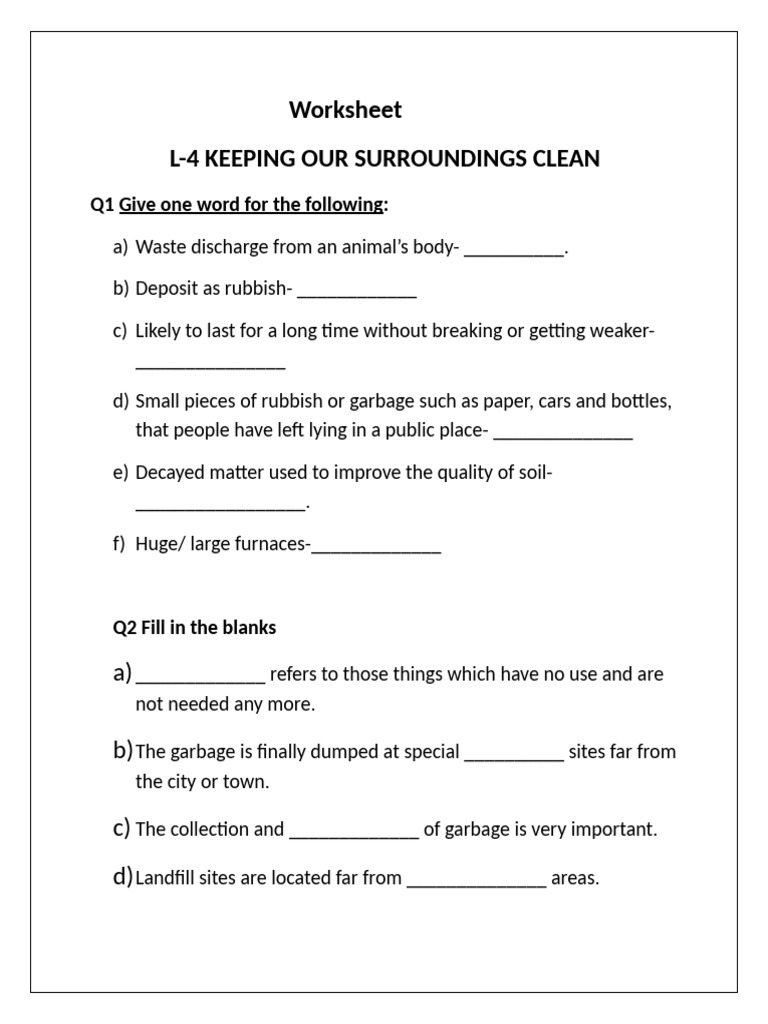 Keeping Our Surroundings Clean - WORKSHEET | PDF