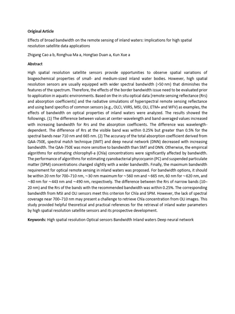 Effects of Broad Bandwidth On The Remote Sensing of Inland Waters Implications For High Spatial ...