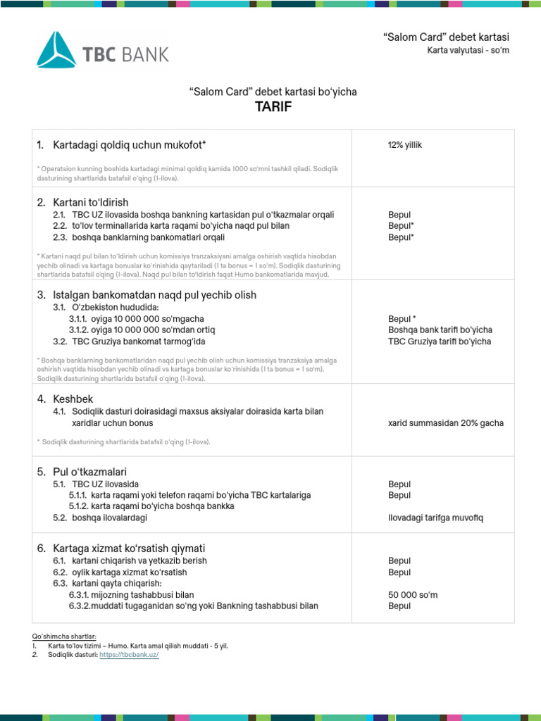 TBC Debit Card_Tariff_20022025 UZB | PDF
